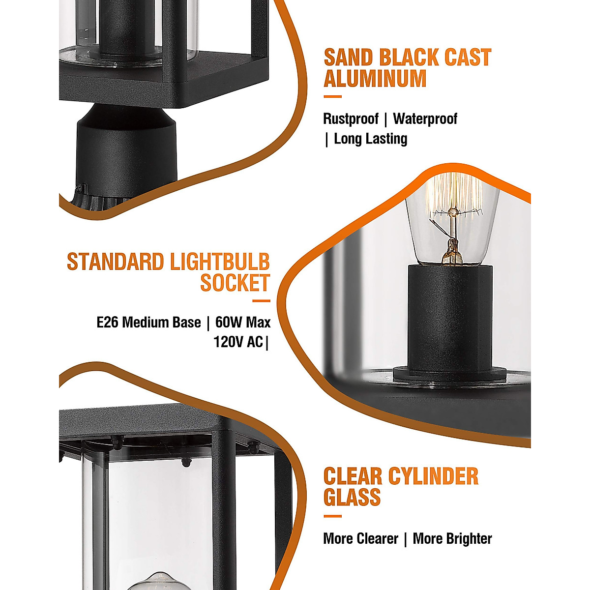 Beionxii Outdoor Post Lantern, 20inch Large Modern Lamp Post Light Fixture Exterior Pillar Lights with Pier Mount Base, Black Cast Aluminum w/Clear Cylinder Glass - A291P-2PK