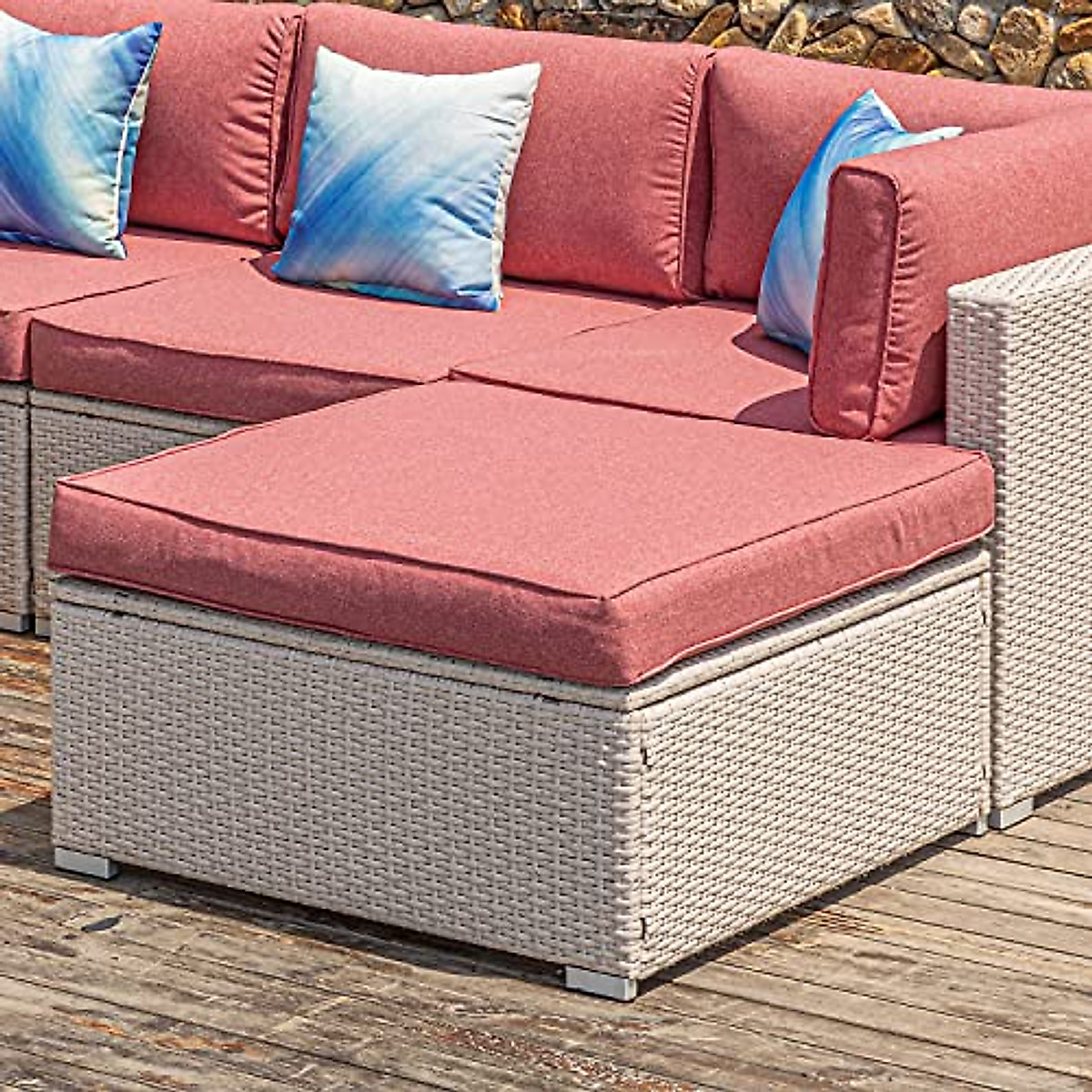 COSIEST Outdoor Furniture Add-on Ottoman for Expanding Wicker Sectional Sofa Thick Cushion for Garden, Pool, Backyard (Red)