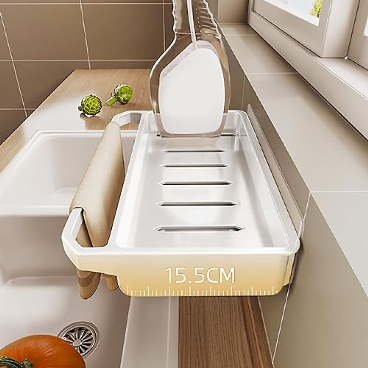 ZYLLZY Kitchen Storage Drain Rack, Kitchen Storage Drain Rack with 2 Hanging Hook No Punching Rag Washing Cloth Faucet Wall Mounted Holder, Faucet Sponge Holder Kitchen Sink Caddy Organizer (White)