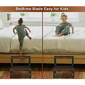 Tigerden Wooden 2 Step Stool for Toddlers Kids and Adults, Heavy Duty Stepping Stools with 500 LB Load Capacity, Foot Step Stool for Bed, Living Room, Bathroom, Kitchen - Rustic Brown & Black