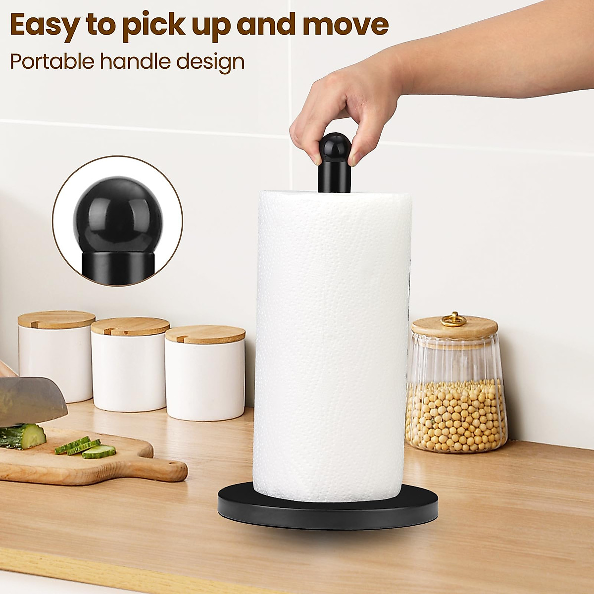 Paper Towel Holder, Black Kitchen Paper Towels Holder Stand, Stainless Steel Paper Towel Holder -Weighted Base, Non-Slip Protect The countertop