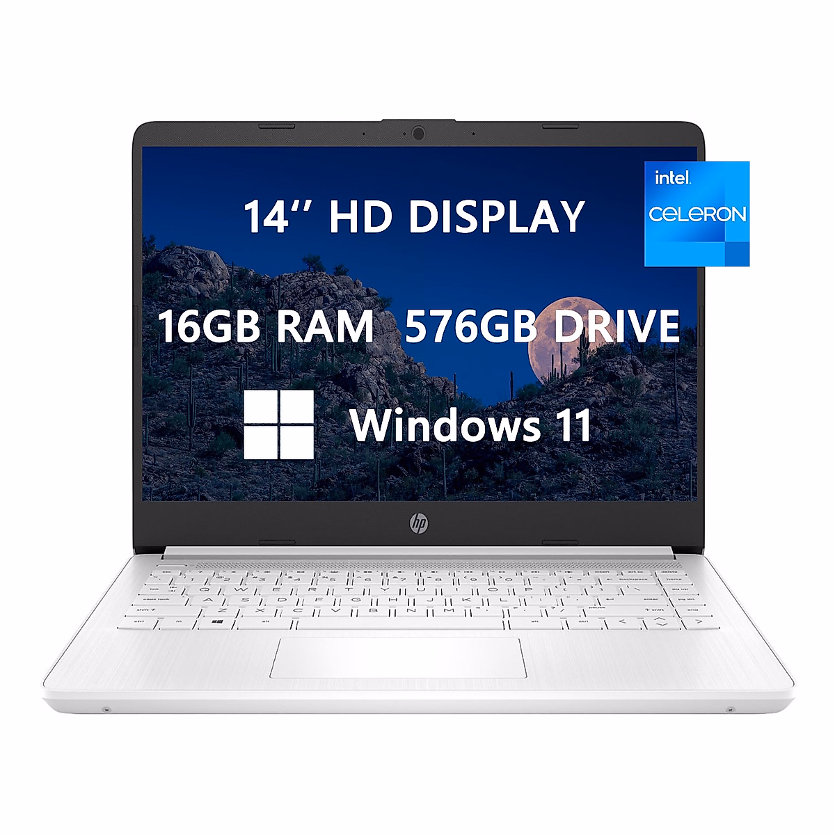 HP 14 HD Laptop, 2023 Newest Upgrade, Intel Intel Celeron N4120(4-core), 16GB RAM, 576GB(64GB SSD+512GB Card), Webcam, Bluetooth, USB-C, White, Windows 11, School and Business Ready, ROKC HDMI Cable