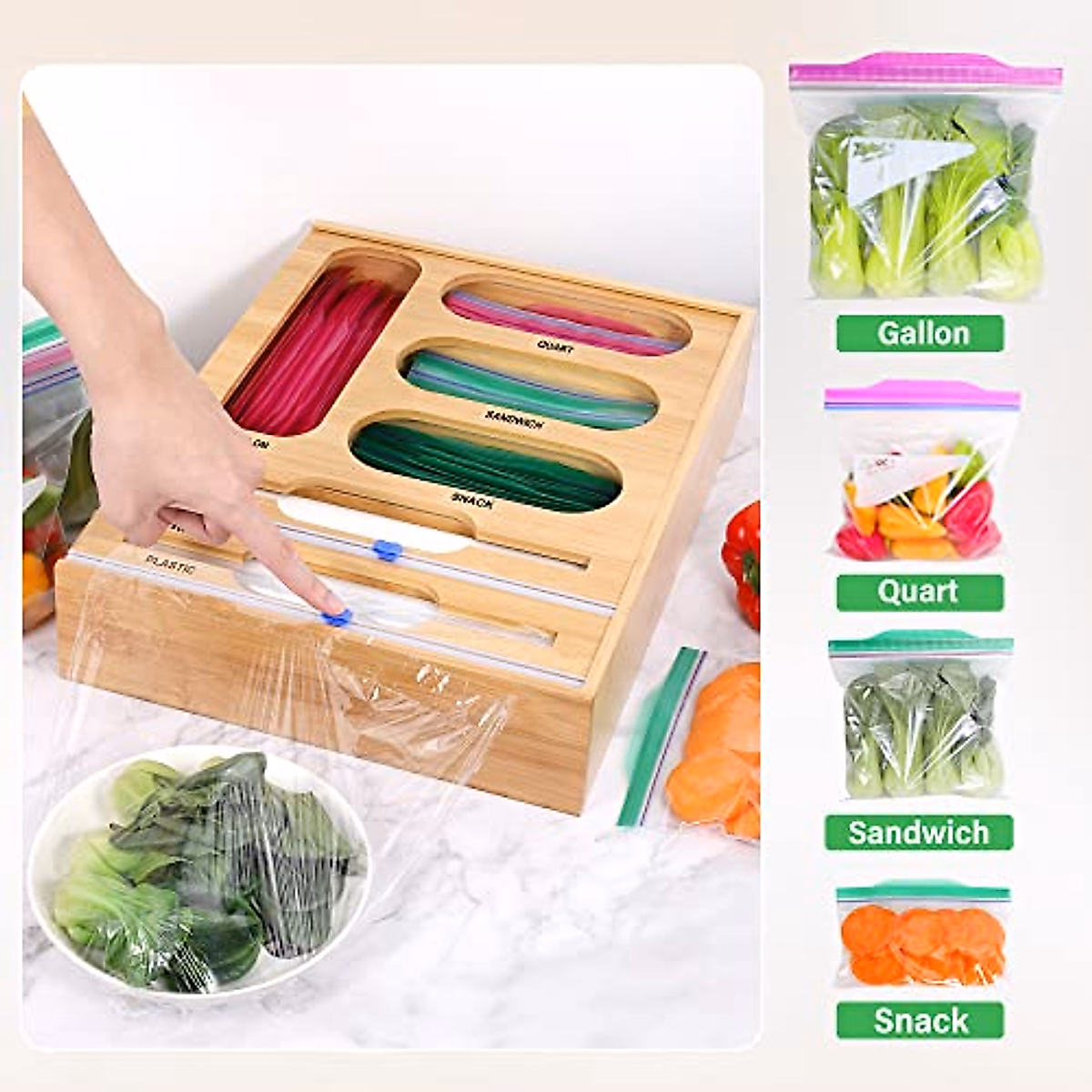 Ziplock Bag Organizer, 6 in 1 Bamboo Food Storage Bag for Kitchen Drawer or Wall Mount, Cling Film Dispenser with Slide Cutter, Multipurpose Bag Holder Box Suitable for Wax Variety Size Bags