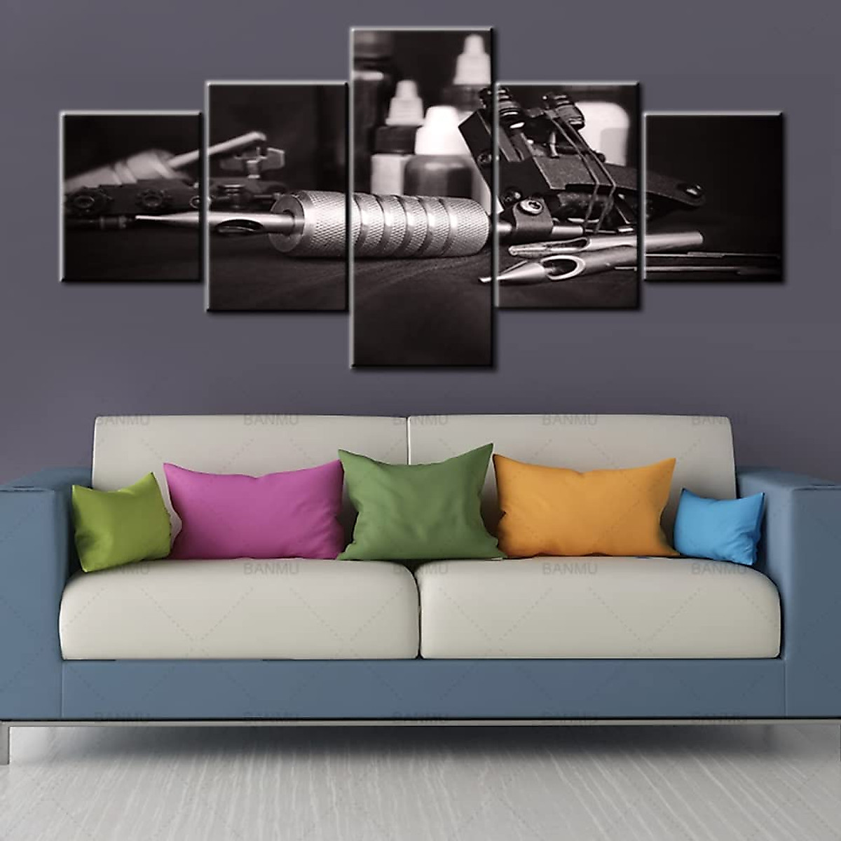 Beauty Salon Pictures for Living Room Tattoo Studio Paintings Black and White Wall Art 5 Panel Printed on Canvas Makeup Artwork Home Modern Decor Framed Gallery-Wrapped Ready to Hang(50''W x 24''H)