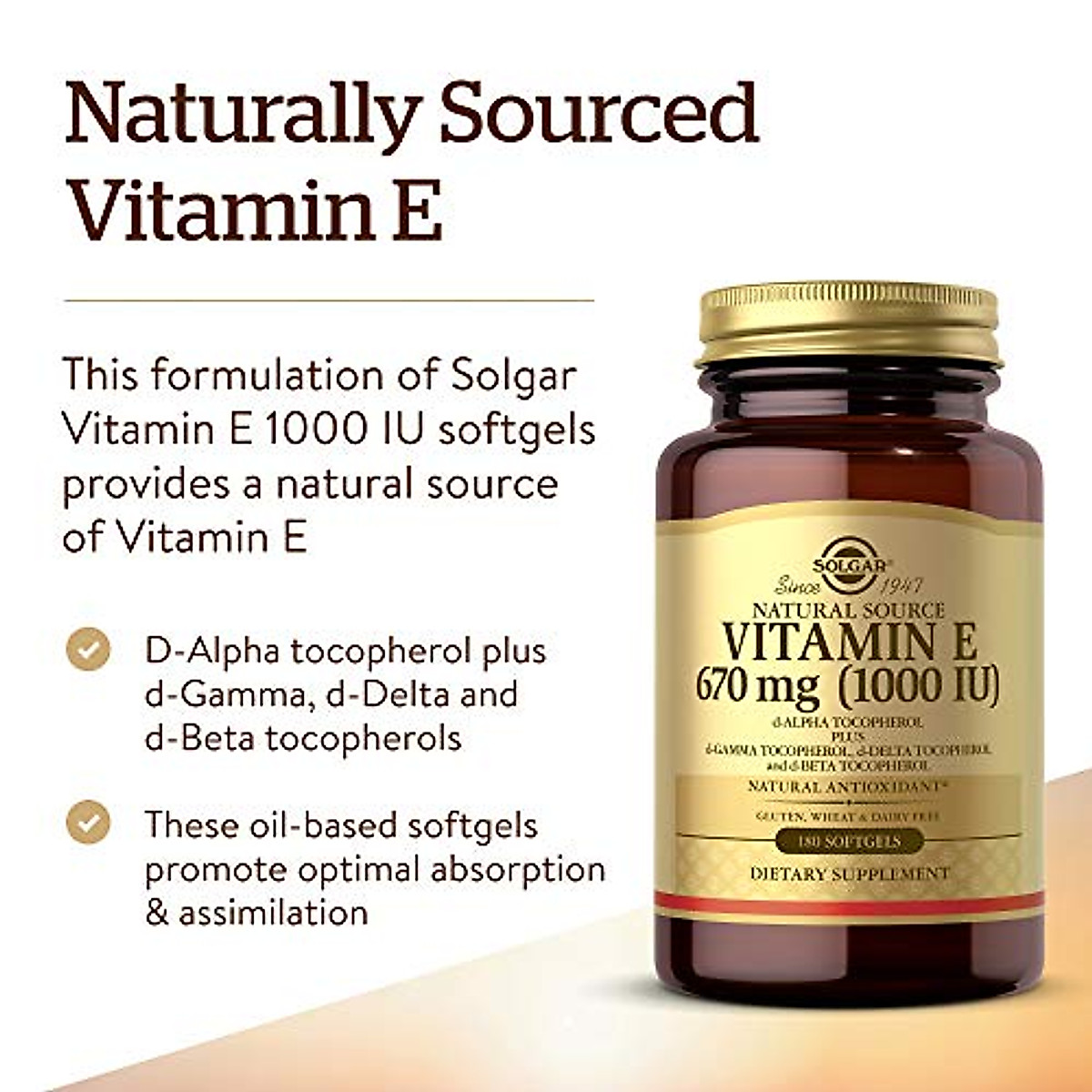 Solgar Vitamin E 670 mg 1000 IU Mixed Softgels Natural Antioxidant Skin Immune System Support NaturallySourced Vitamin E Gluten Free Dairy Free Servings, 180 Count
