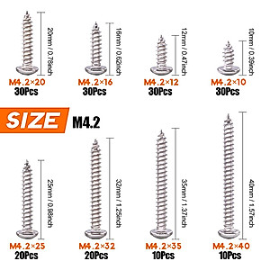Rustark 180-Pcs [#8 3/8" to 1-1/2"] 304 Stainless Steel Round Pan Head Phillips Cross Wood Screws Self Tapping Drilling Screws Assortment Kit