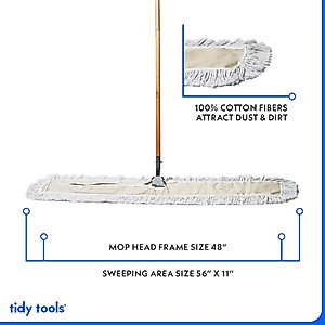 Tidy Tools Commercial Dust Mop & Floor Sweeper, 48 in. Dust Mop for Hardwood Floors, Cotton Reusable Dust Mop Head, Wooden Broom Handle, Industrial Dry Mop for Floor Cleaning & Janitorial Supplies