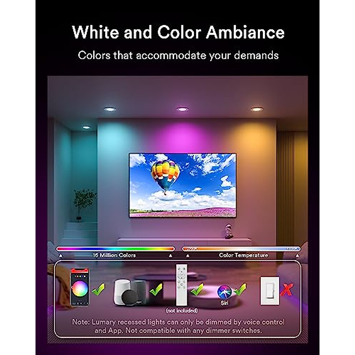 Lumary 3 Inch Smart Recessed Lighting WiFi Bluetooth Smart LED Recessed Lights 7W 350LM LED Wafer Downlight with Junction Box Work with Alexa/Google Assistant(1 Pack)