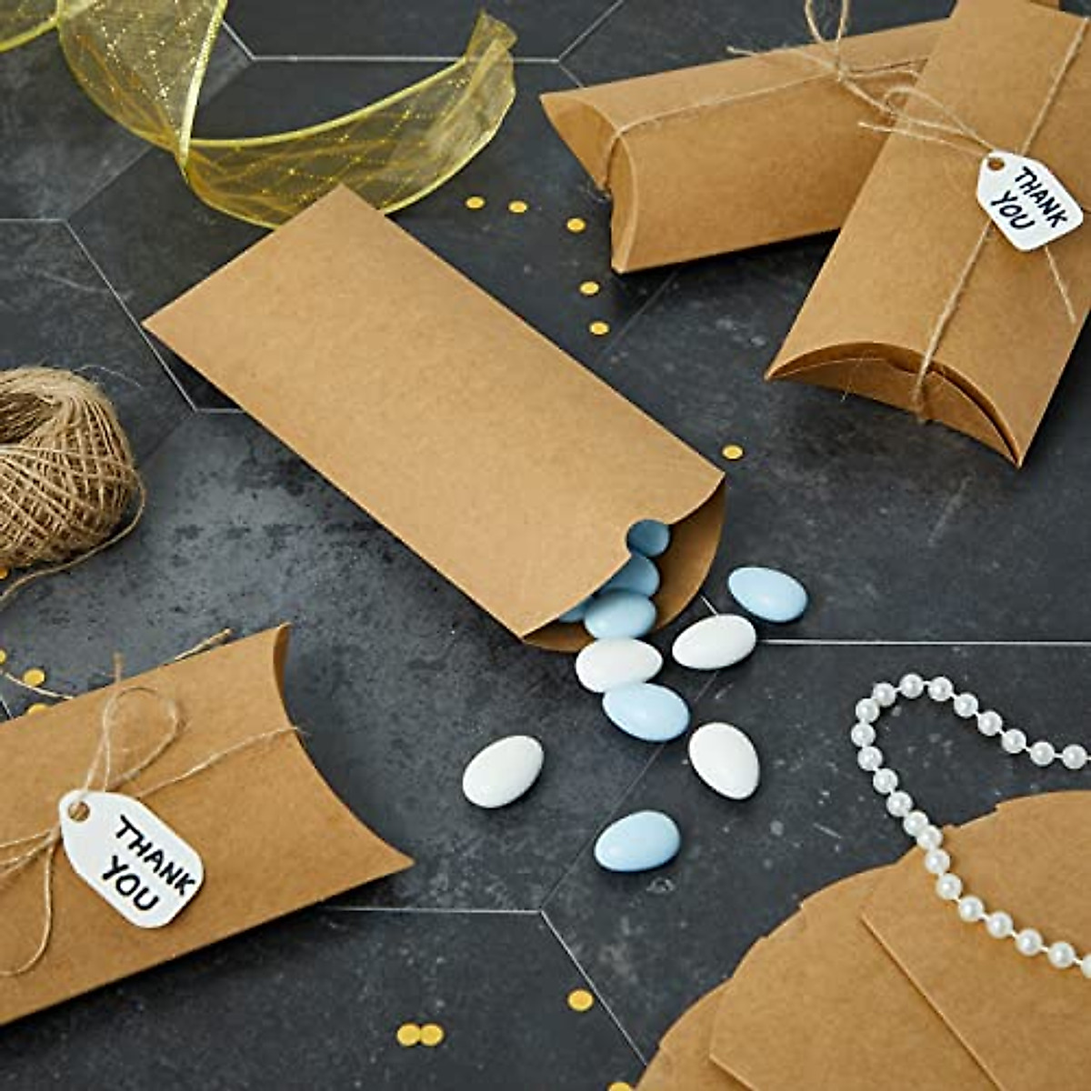 100 Pack Kraft Pillow Boxes with Twine for Jewelry, Wedding, Party Favors, Gift Cards (7.5 x 3.7 In)