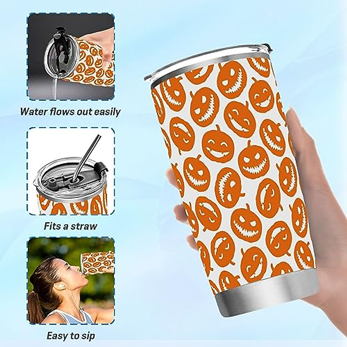 Jihqo Halloween Pumpkin Orange Tumbler with Lid and Straw, Insulated Stainless Steel Tumbler Cup, Double Walled Travel Coffee Mug Thermal Vacuum Cups for Hot & Cold Drinks 12oz