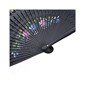 lanermoon Vintage Spanish Folding Fan for Women,Doubled-Side Flower Painting Gypsy Wooden Hand Fan for Dance,Festival Decoration and Gift (Black)