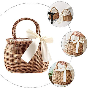 LIOOBO Rattan Woven Bag with Bow, Boho Style Beach Bag Flower Basket - Straw Bags Handle Wicker Baskets Handbags