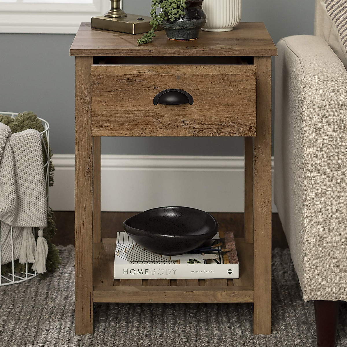 Walker Edison Farmhouse Square Side Accent Table Set-Living-Room Storage End Table with Storage Door Nightstand Bedroom, 18 Inch, Rustic Oak