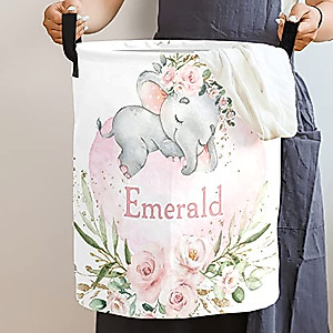 Custom Watercolor Flower Sleep Elephant Laundry Basket Handles Collapsible Hamper Foldable Storage Bin Living Room Office Bathroom Bedroom