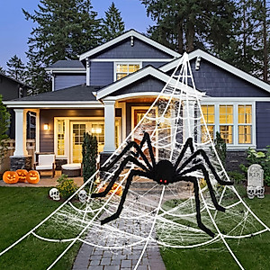 Halloween Spider Webs 16.5ft x15.8ft with 250 LED Purple Lights && 59" Giant Spider,Scary Halloween Outdoor Decors for Party Garden Home Costumes Yard Haunted House