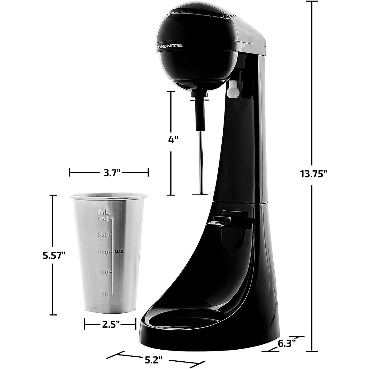 OVENTE Classic Milkshake Maker Machine 2 Speed with 15.2 Oz Stainless Steel Mixing Cup, Compact & Easy Clean Drink Mixer Blender for Malted Milk, Soft Ice Cream, and Protein Shakes, Black MS2070B