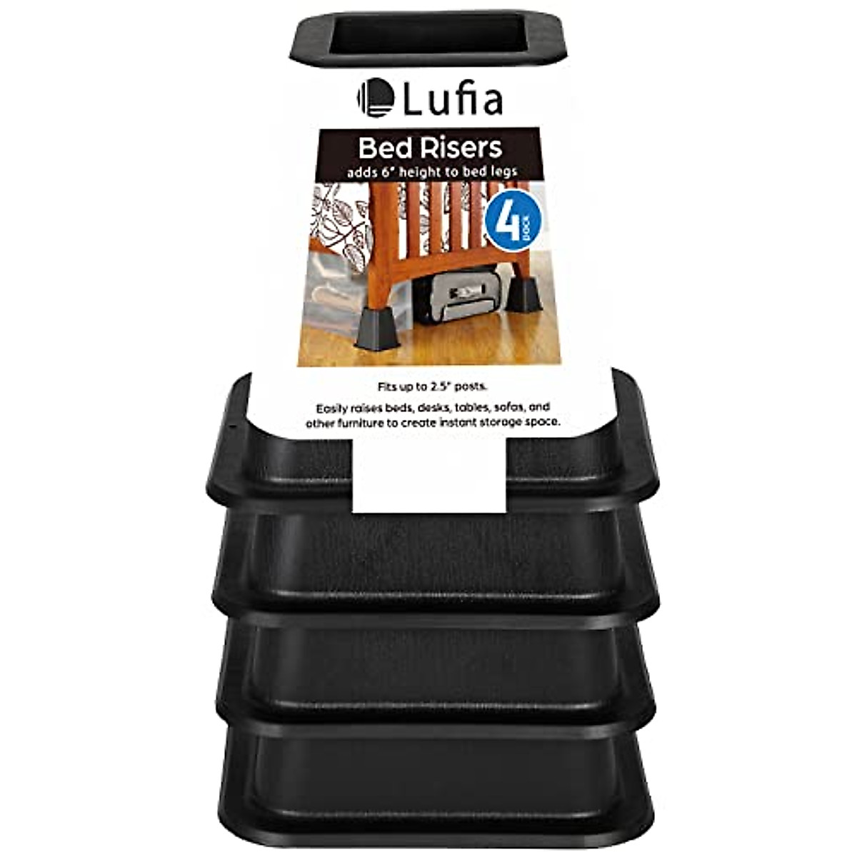 Lufia Bed Furniture Risers, 6 Inch Heavy Duty Bed Lifts Risers for Sofa, Table, Chair or Desk, Set of 4 Bed Lifts (6 inch, Black)