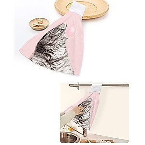 Cat Hanging Hand Towels 2Pcs Super Absorbent Quick Dry Hand Towel Bathroom Towels Durable Kitchen Oven Towel Dish Cloth Christmas Decor 18"x14", Funny Animal Creative Cat Blowing Bubble Pink