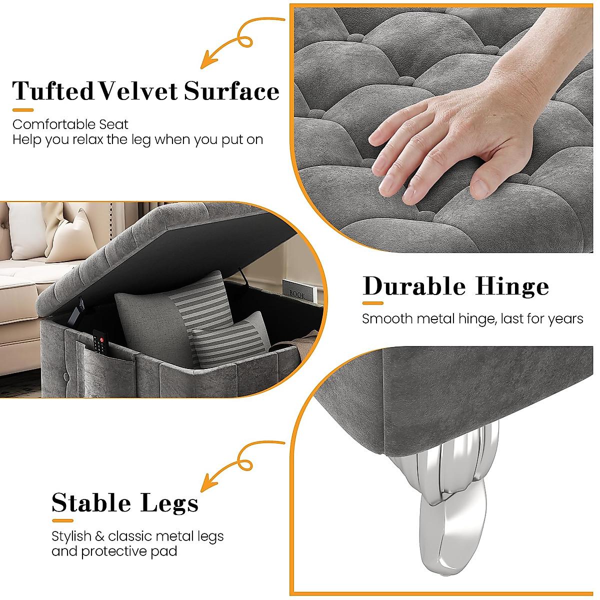 DKLGG Large Square Storage Ottoman Tufted, Oversized Ottoman Coffee Table for Living Room, Velvet Upholstered Ottoman with Storage, Grey Ottoman Bench for Bedroom