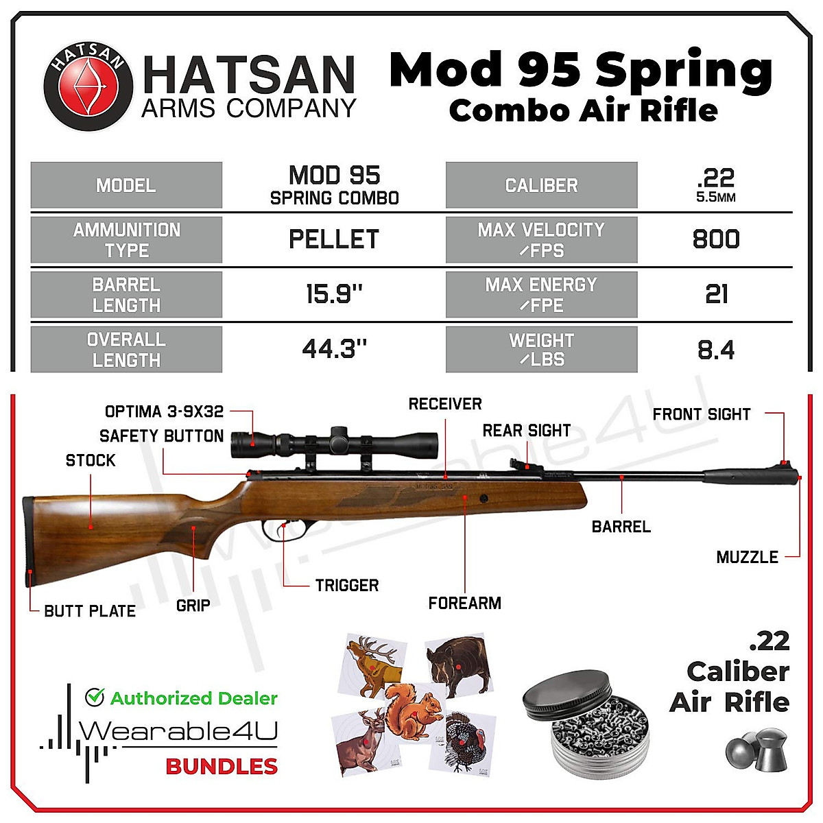 Wearable4U Hatsan Mod 95 Spring Combo .22 Cal Air Rifle 100x Paper Targets and 250x .22cal Pellets Bundle