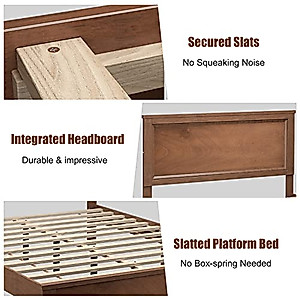 KOMFOTT Wood Full Bed Frame with Headboard, Mid Century Platform Bed with Solid Wood Slats Support & Rubber Wood Legs, Slatted Bed Mattress Foundation, No Box Spring Needed, Easy Assembly
