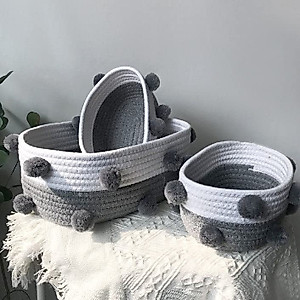 Cotton Woven Storage Basket Cute Pompom, Cotton Rope Handwoven Toy Storage Basket Round Snack Key Sundries Storage basket Student Living Room Bedroom Table Top