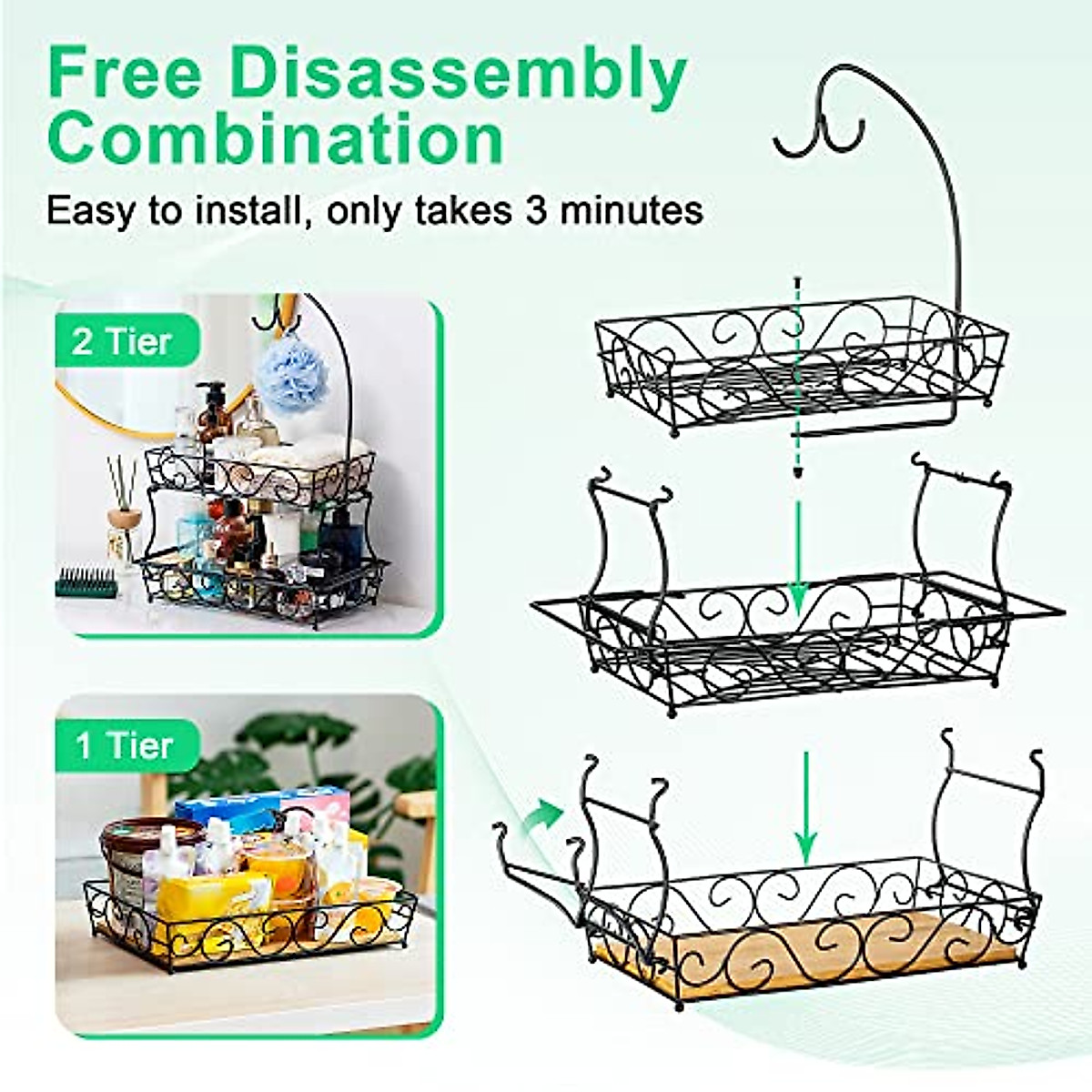 Fruit Basket Bowl, Vegetable Storage for Kitchen, 3-Tier Countertop Fruits Holder Rack with Banana Hanger, Food, Snack, and Bread Detachable Organizer Stand for Gift Large Capacity Fruit Tray