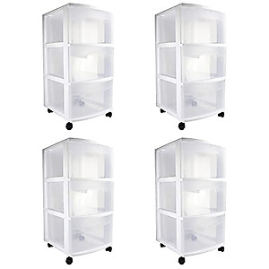 Sterilite 28308002 Home Stackable 3 Drawer Wide Plastic Storage Organizer Container with Drawers and Rolling Wheels, White (Set of 4)