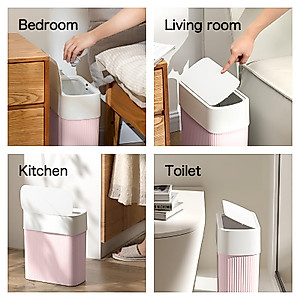 ABEETE Bathroom Trash Can with Lid, 12L Small Plastic Garbage Can for Kitchen with Press Top Lid, 3.2 Gallon Slim Dog Proof Wastebasket Trash Bin for Office, Bedroom, Living Room, Home Cabinet-Pink