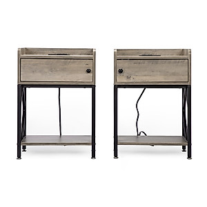 Gecheer Set of 2 Wood Nightstand, Farmhouse End Table with Charging Station, USB Ports, Cabinet, and Shelf, Sofa Bed Side Table for Bedroom Living Room, Adjustable Foot Pads, Rustic Gray