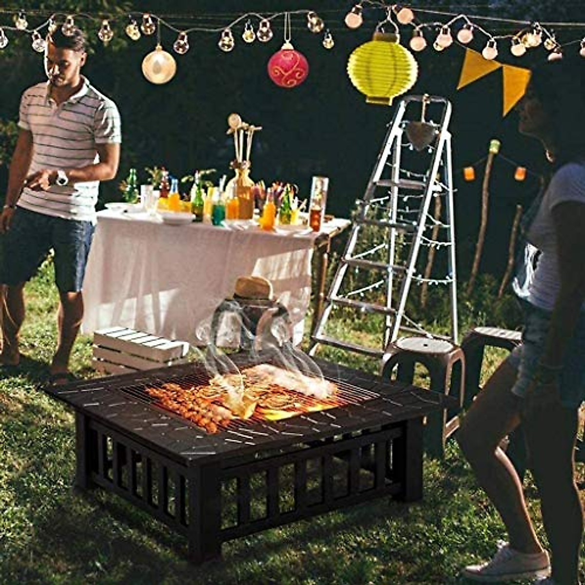 LEAYAN Garden Fire Pit Portable Grill Barbecue Rack Propane Fire Pit, Outdoor Metal Brazier Square Table Multi-Purpose Square Fireplace Garden Patio Heater for Party for Camping Backyard