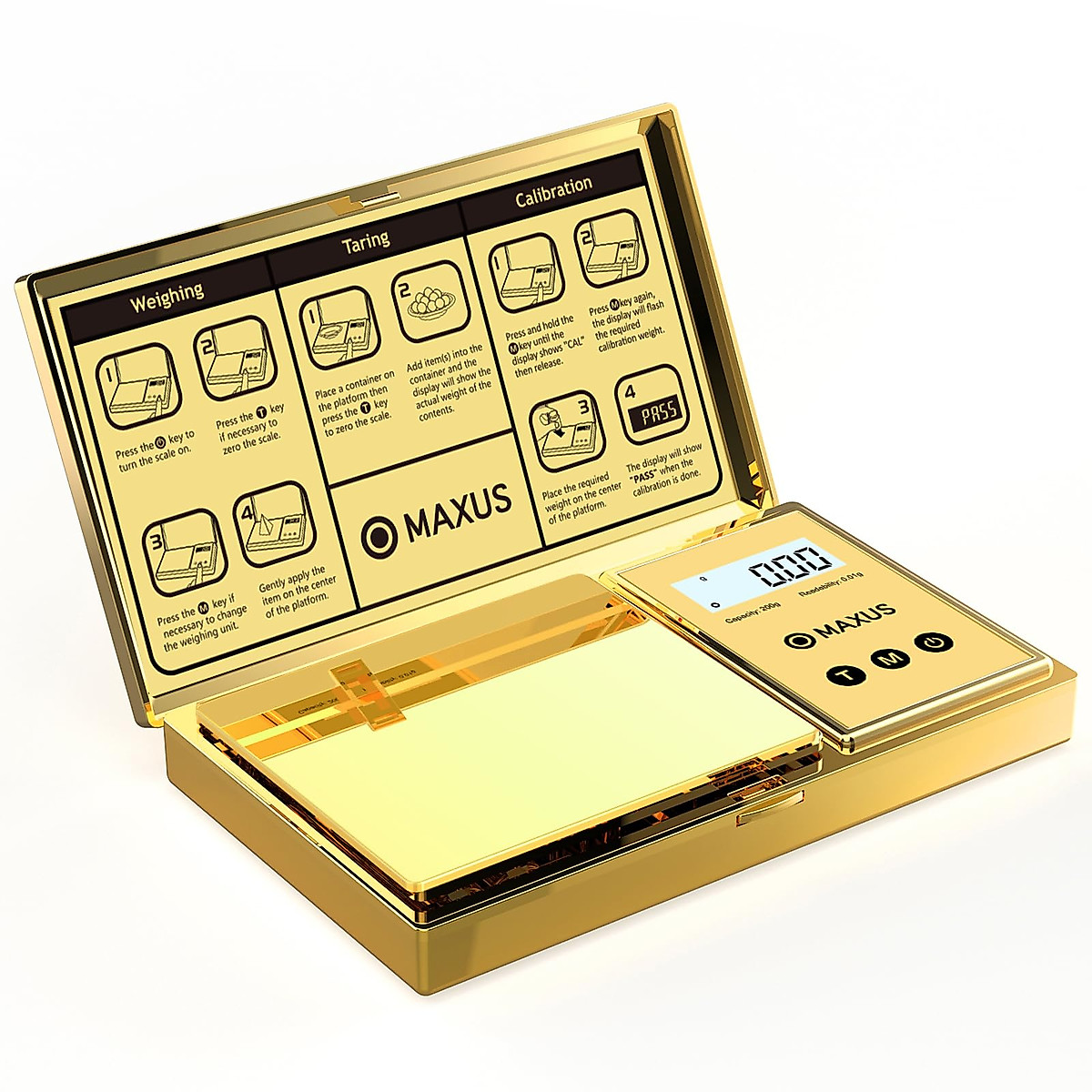 Digital Gram Scale with 200g x 0.01g Capacity, Stylish Gold Plated Cover and Platform for Accurate and Precise Weighing of Jewelry, Grains, and Food in Grams and Ounces