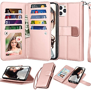 NJJEX Wallet Case for iPhone 11 PRO Max 2019, for iPhone 11 PRO Max Case (6.5"), [9 Card Slots] PU Leather ID Credit Holder Folio Flip [Detachable] Kickstand Magnetic Phone Cover & Lanyard -Rose Gold