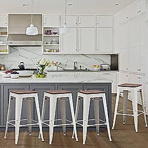 Alunaune 26" Metal Bar Stools Set of 4 Industrial Backless Counter Height Barstools Stackable Kitchen Patio Stool Wood Top-White