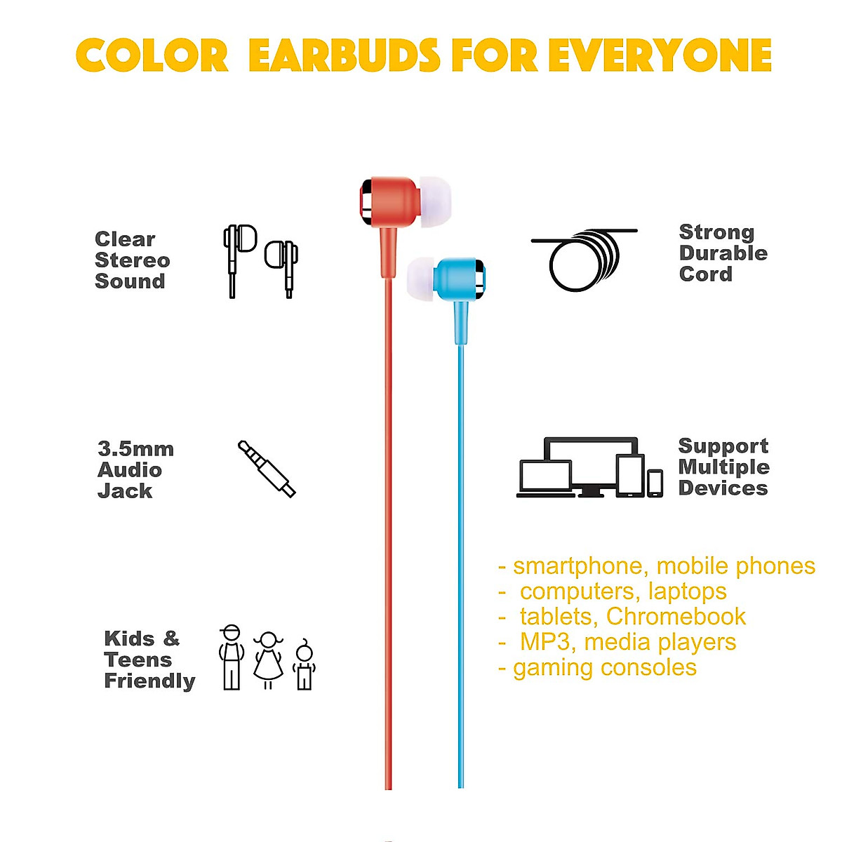GADGET.COOL Wired Earbuds 10 Pack Bulk, Balanced Stereo Sound and Bass in-Ear Headphones with Ear Tip Replacements for iPhone Android Smartphone Tablet Laptop Computer School Classroom