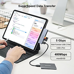 QWIIZLAB USB C Hub, 6-in-1 Adapter with HDMI 4K PD 60W USB 3.0 SD/microSD Card Reader 3.5mm Audio Jack for iPad Pro M1/M2/M4, iPad Air M1/M2, iPad Mini 6