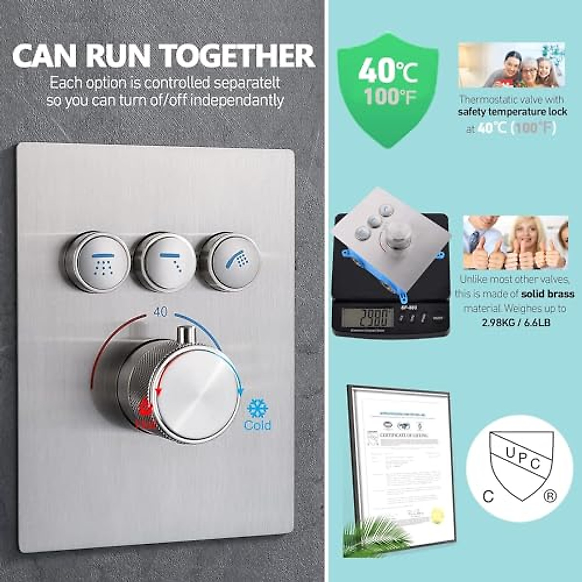 Enga Brushed Nickel Shower System with Body Spray Jets, Wall Mount 12 Inch LED Rain Shower Head Push Button Diverter Shower Fixtures, All Functions Can Run At Once