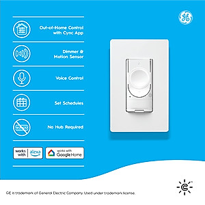 GE CYNC Smart Dimmer Light Switch + Motion Sensor, Neutral Wire Required, Bluetooth and 2.4 GHz Wi-Fi Switch, Works with Alexa and Google Home (1 Pack) Packaging May Vary