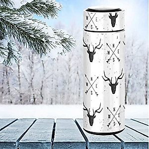 CaTaKu Arrow Deer Head Water Bottle Insulated 16 oz Stainless Steel Flask Thermos Bottle for Coffee Water Drink Reusable Wide Mouth Vacuum Travel Mug
