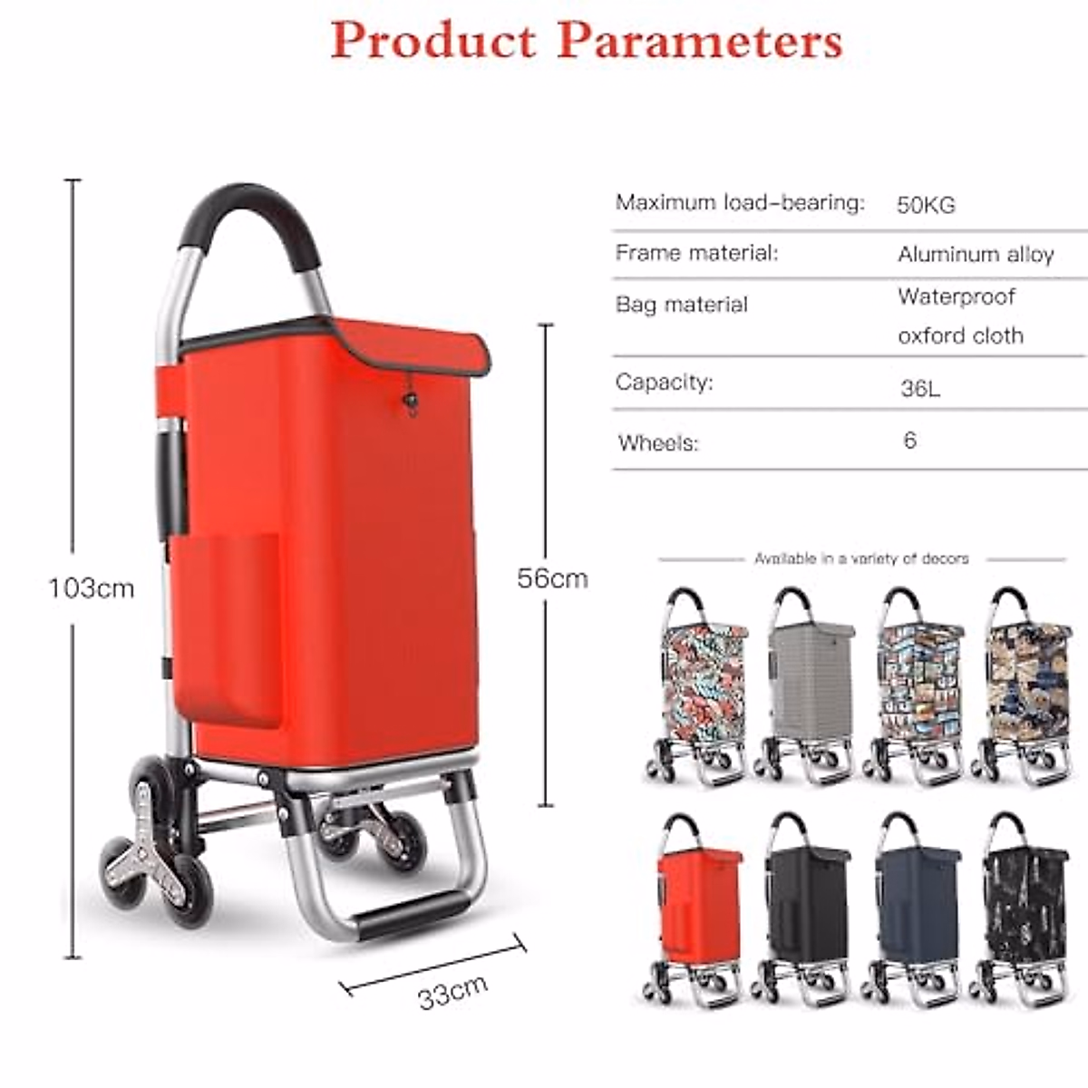 PIPRE Portable Shopping cart Bigger carts with 3 Wheels Foldable, Red Shopping Grocery Foldable Cart
