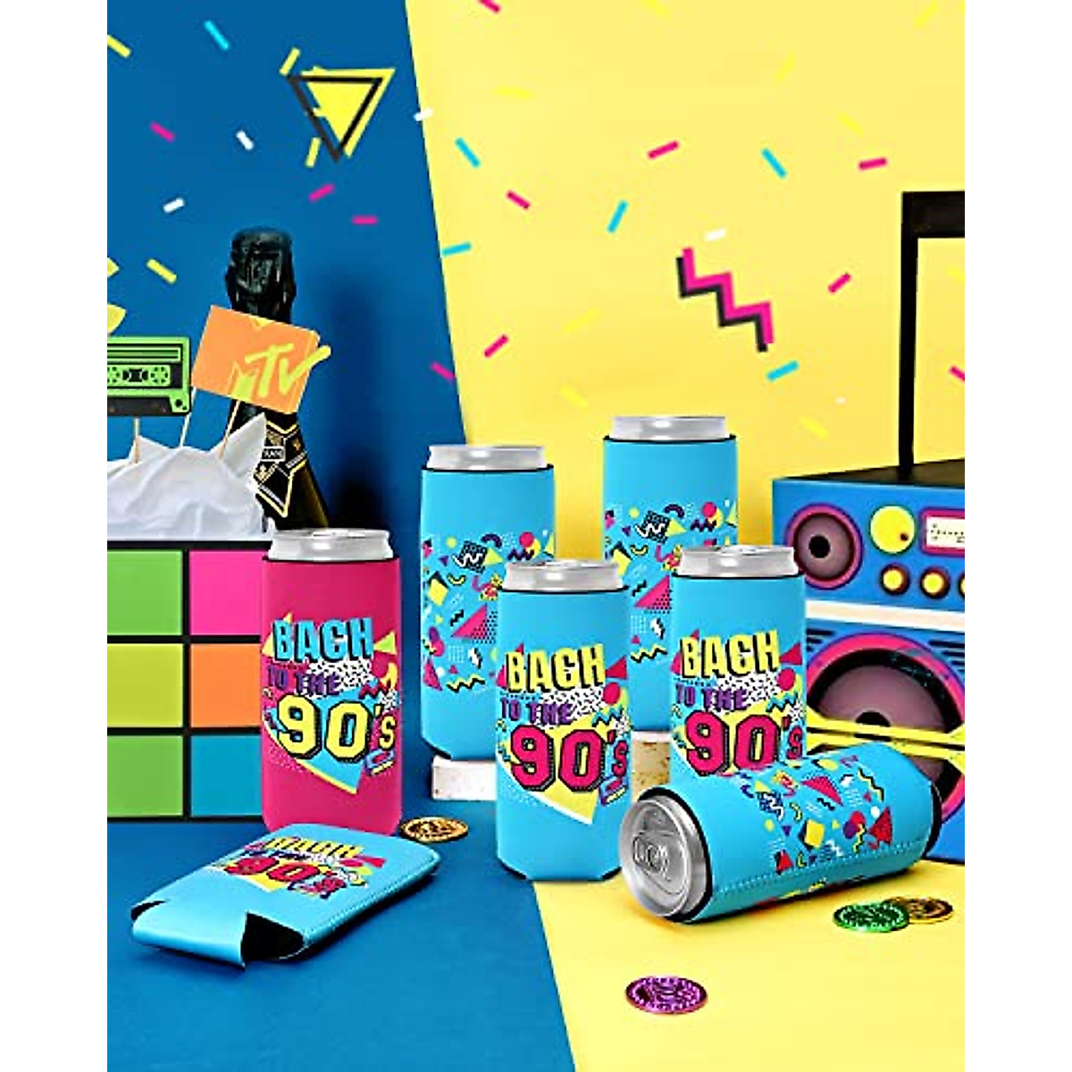 90s Bachelorette Party Can Sleeves 12 Pack Bach to the 90s Slim Can Covers Skinny Neoprene Drink Soda Can Bottles Holders for Retro Bridal Shower Party Supplies