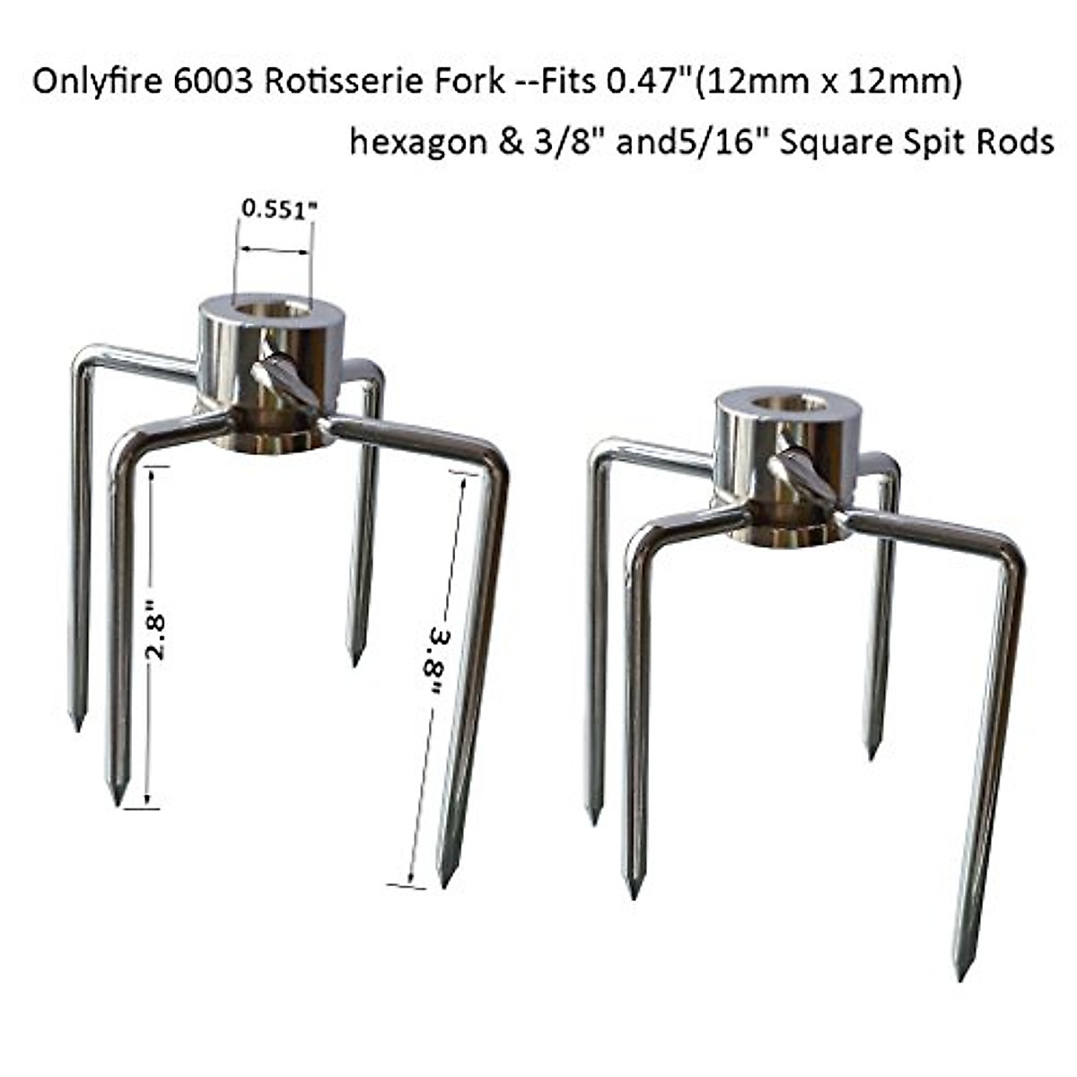 onlyfire 6003 Grill Rotisserie Spit Meat Forks(1-Pair) Replacement-Fits 1/2-Inch Hexagon & 3/8-Inch and 5/16-Inch Square Spit Rods