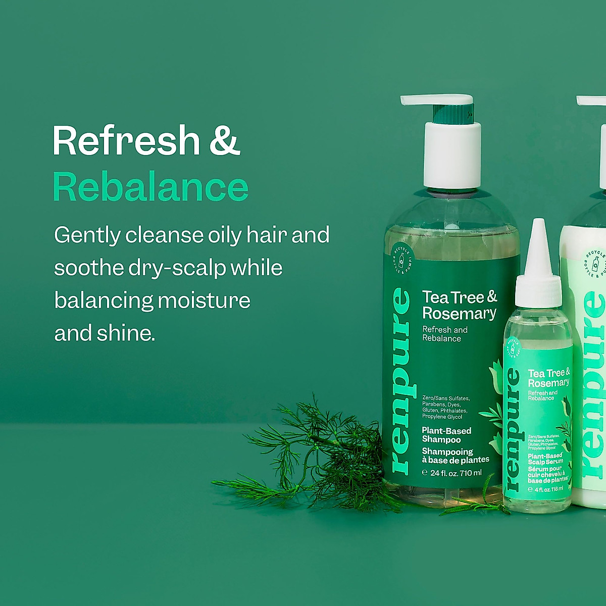 Renpure Plant Based Tea Tree and Rosemary Refresh and Rebalance Shampoo - Soothes Dry Scalp - Delivers Moisture and Shine - Rids Hair of Grime - Dye Free - Recyclable, Pump Bottle Design - 24 fl oz
