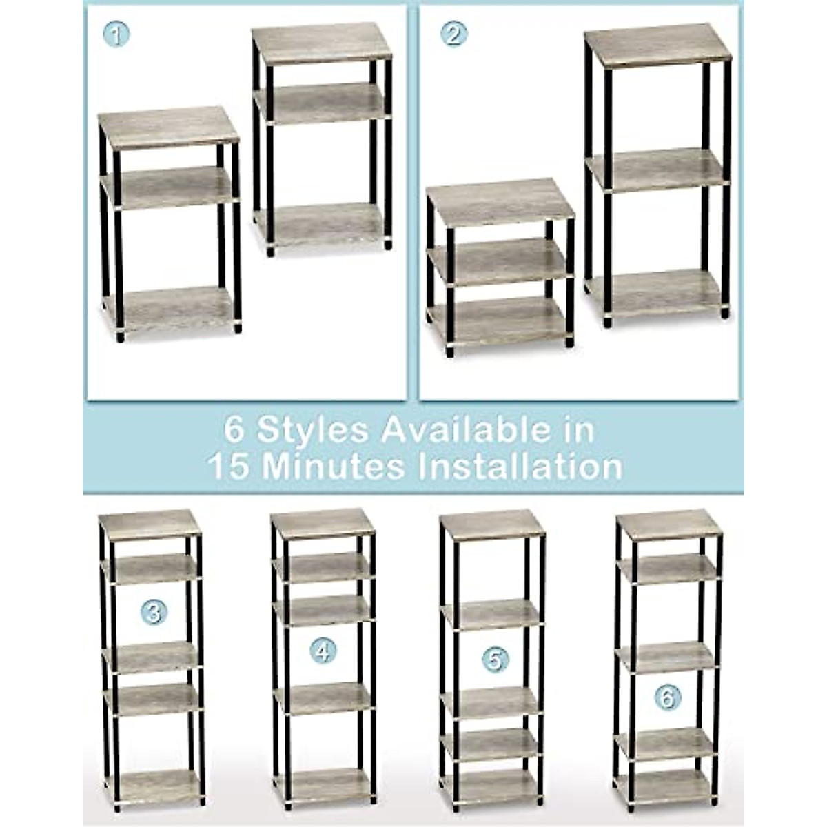 WOODYNLUX Side Table Nightstands Set of 2, End Table with Shelves, 3-Tier Bedside Tables, 5-Tier Shelf Bookcase, Nightstand Accent Table for Living Room, Bedroom, Gray, Easy Assembly.