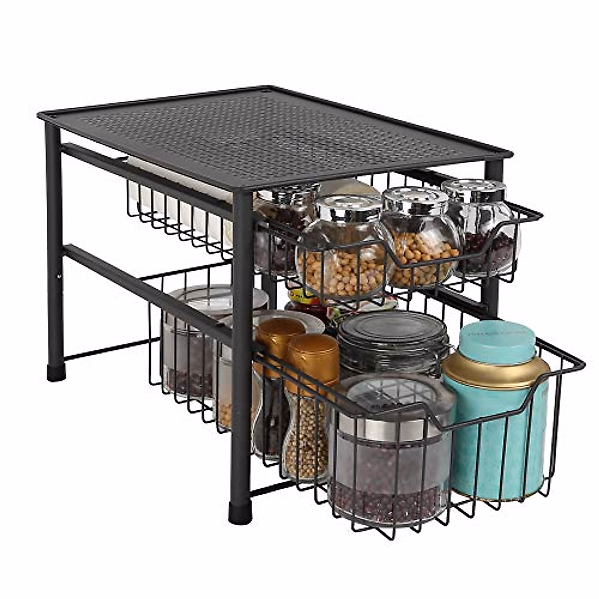 MAX Houser 2-Tier Stackable Organizer Baskets with Metal Sliding Drawers for Pantry, Under the Sink, Desktop Organizer for Bathroom,Kitchen, Office (Charcoal Grey)