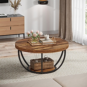 Tribesigns Round Coffee Table, 31.7" Wooden 2-Tier Circle Coffee Table with Storage Shelves, Modern Accent Cocktail Table Center Table for Living Room, Rustic Brown