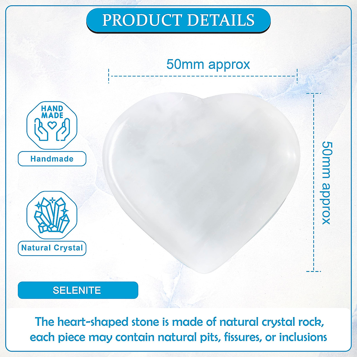 Crocon 50mm Selenite Heart stone Big Heart Shape Puff Stones Set 450+ Carats Pocket Crystal Healing Tumble Collection Palm Worry Stone Balancing Good Luck Charm Meditation Gift Craft Home Decor