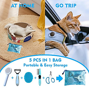 Grooming Brush Kit - 5pcs for Shedding & Matted Fur, Self-Cleaning with Flea Comb for Indoor Long-Haired Cats, Blue