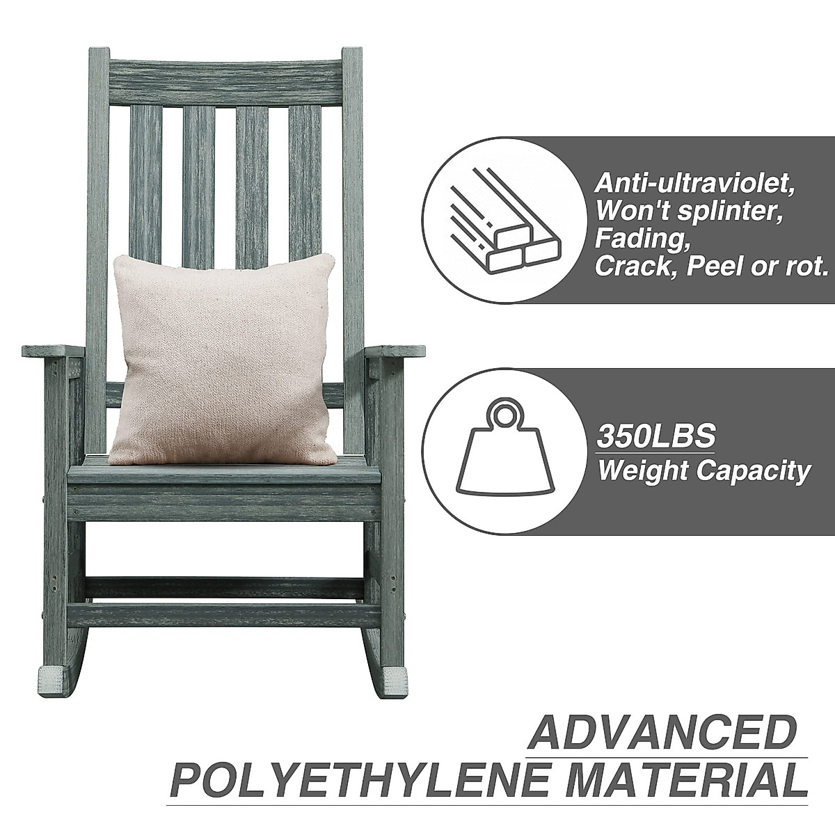 ACUEL Rocking Chair Outdoor, HDPE Oversized Patio Rocking Chairs, Weather Resistant, 350lbs Heavy Duty Porch Rocker with High Back for Backyard, Fire Pit, Garden and Indoor (Grey)