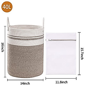 3pcs Blanket Basket, 1pc 40L Cotton Rope Lundry Hamper and 2pcs Mesh Lundry Bag, Storage Basket with handle for Living Room, Laundry Basket for Pillows Toys Clothes. (40L)